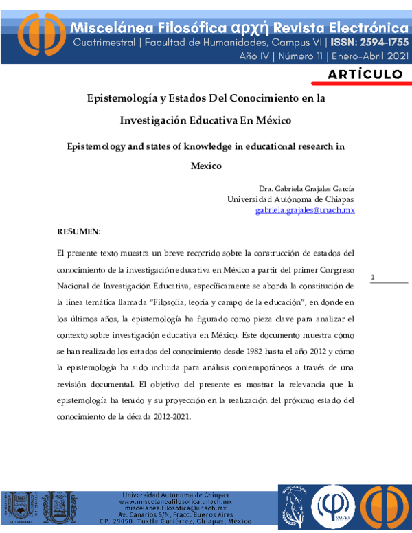 (PDF) Epistemología y Estados Del Conocimiento en la Investigación Educativa En México