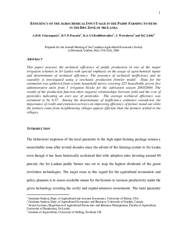 (PDF) Efficiency of the Agrochemical Input Usage in the Paddy Farming Systems in the Dry Zone of ...