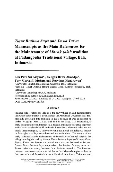 (PDF) Tutur Brahma Sapa and Dewa Tatwa Manuscripts as the Main ...