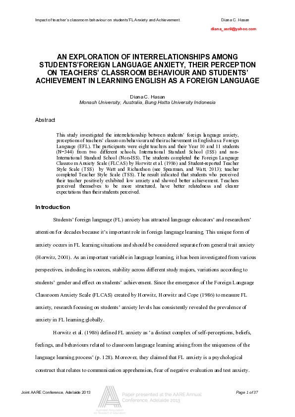 (PDF) An Exploration of Interrelationships among Students' Foreign Language Anxiety, Their ...