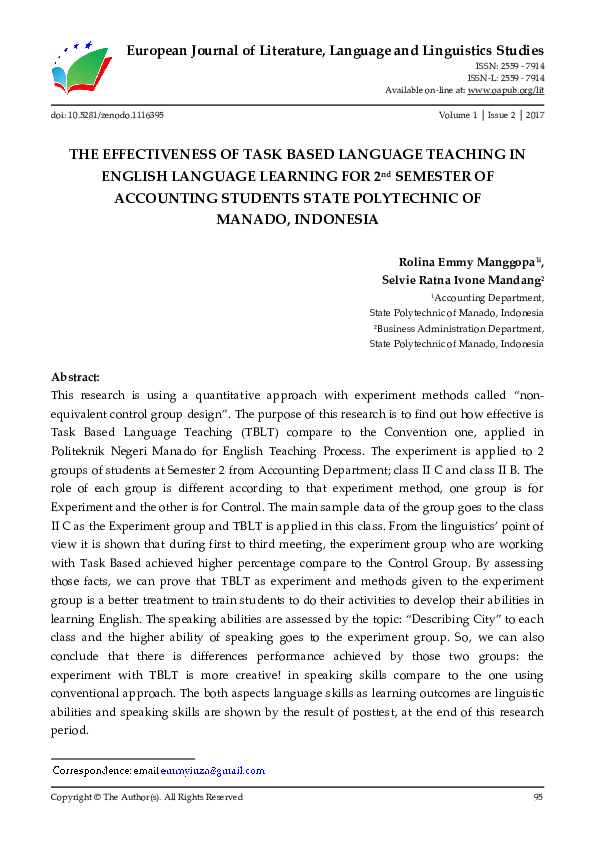 Pdf The Effectiveness Of Task Based Language Teaching In English Language Learning For 2nd