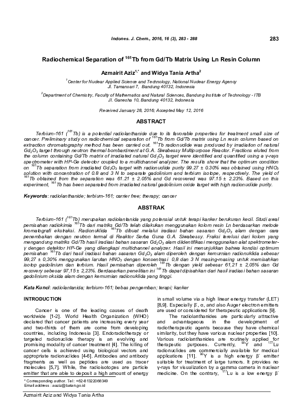 (PDF) Radiochemical Separation of 161Tb from Gd/Tb Matrix Using Ln ...