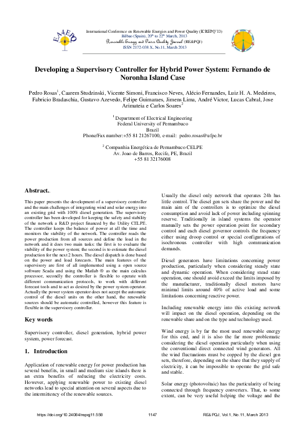 (PDF) Developing a Supervisory Controller for Hybrid Power System: Fernando de Noronha Island Case