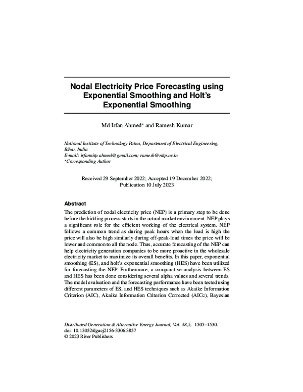 (PDF) Nodal Electricity Price Forecasting using Exponential Smoothing and Holt’s Exponential ...