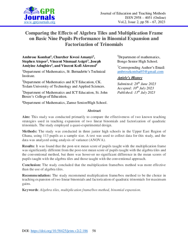 (PDF) Comparing the Effects of Algebra Tiles and Multiplication Frame ...