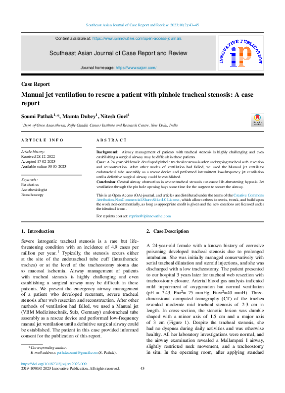 (PDF) Manual jet ventilation to rescue a patient with pinhole tracheal ...