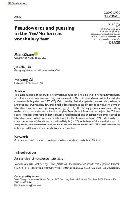 (PDF) Pseudowords and guessing in the Yes/No format vocabulary test