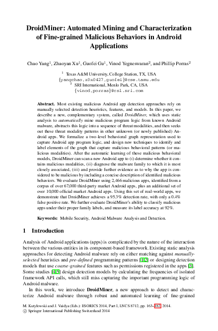 (PDF) DroidMiner: Automated Mining and Characterization of Fine-grained Malicious Behaviors in ...
