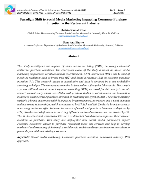 (PDF) Paradigm Shift to Social Media Marketing Impacting Consumer Purchase Intention in the ...