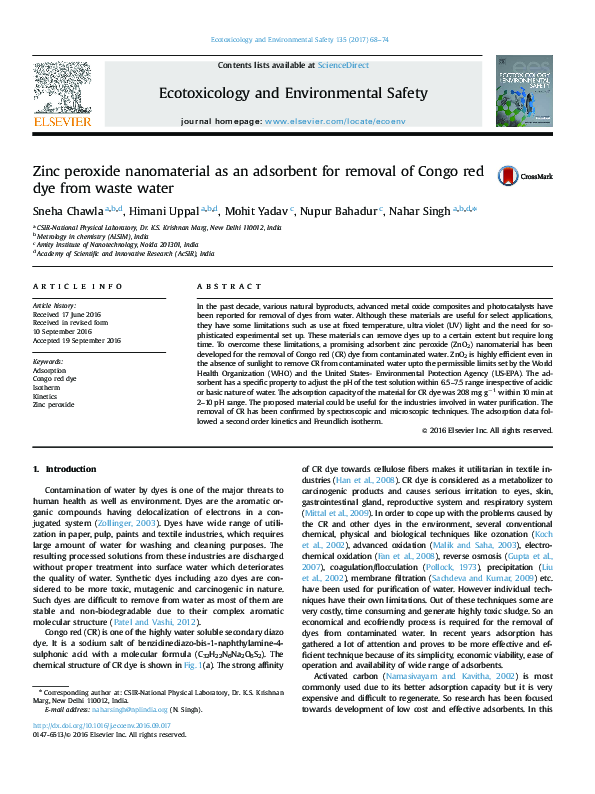 (PDF) Zinc peroxide nanomaterial as an adsorbent for removal of Congo ...