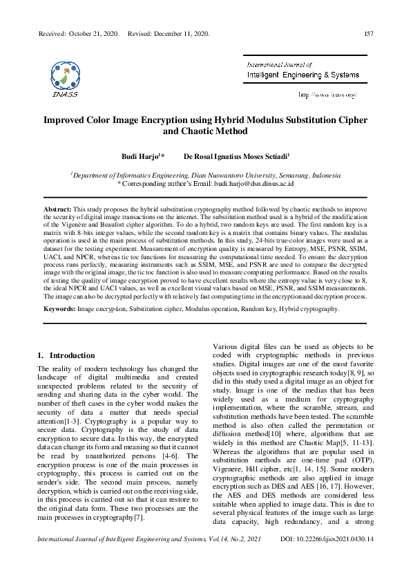 (PDF) Improved Color Image Encryption using Hybrid Modulus Substitution Cipher and Chaotic Method