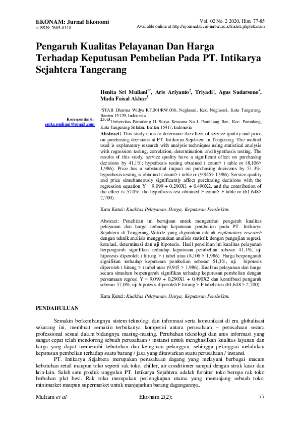 (PDF) Pengaruh Kualitas Pelayanan Dan Harga Terhadap Keputusan Pembelian Pada Pt. Intikarya ...