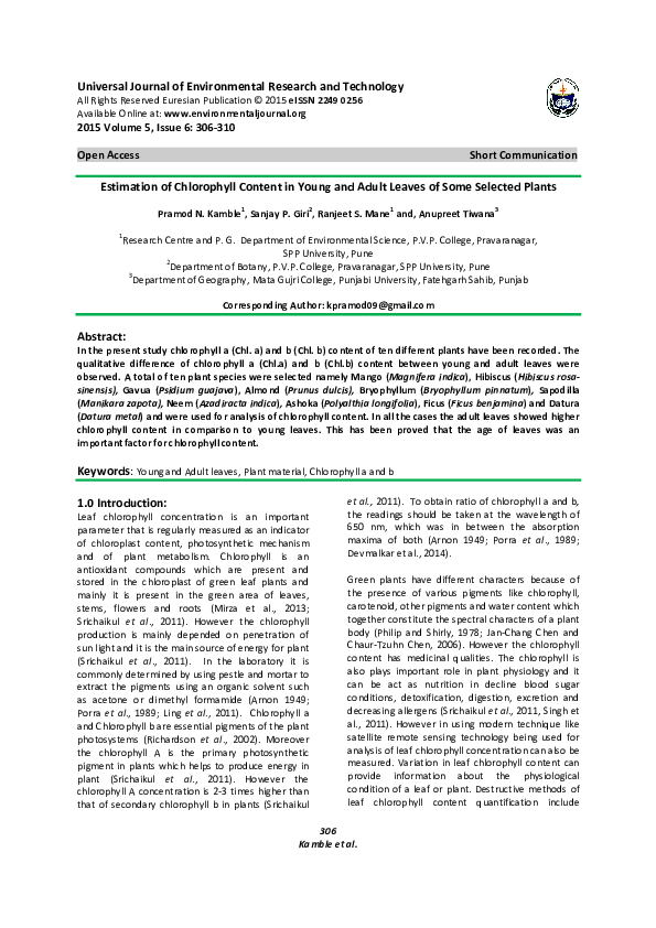 (PDF) Estimation of Chlorophyll Content in Young and Adult Leaves of ...