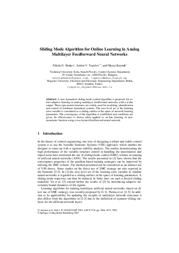 (PDF) Sliding Mode Algorithm for Online Learning in Analog Multilayer Feedforward Neural Networks