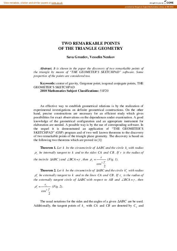 (PDF) Two Remarkable Points of the Triangle Geometry