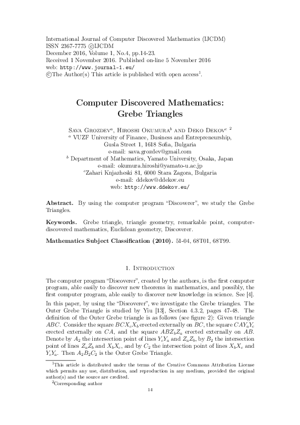 (PDF) Computer Discovered Mathematics: Grebe Triangles