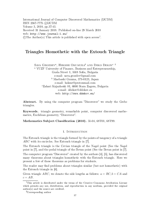 (PDF) Triangles Homothetic with the Extouch Triangle