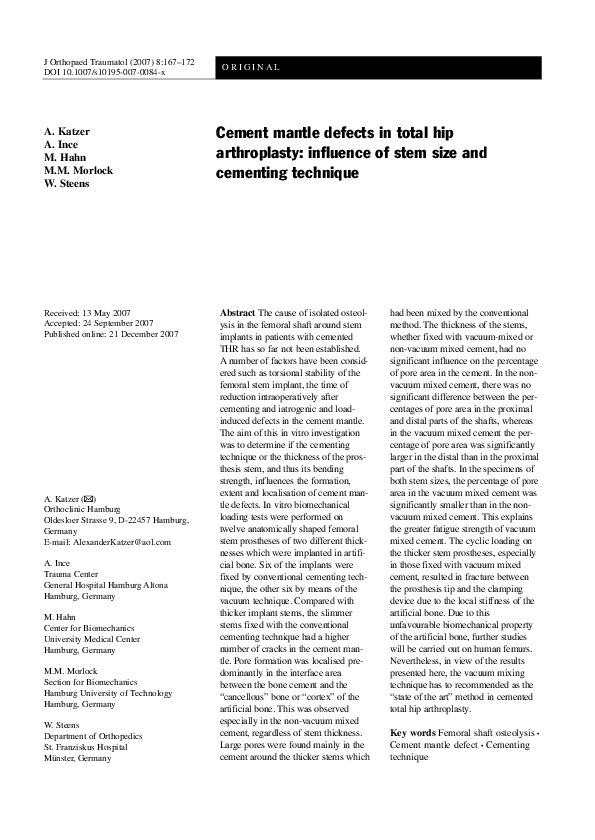 (PDF) Cement mantle defects in total hip arthroplasty: influence of ...
