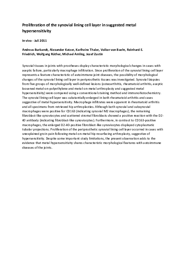 (PDF) Proliferation of the synovial lining cell layer in suggested ...