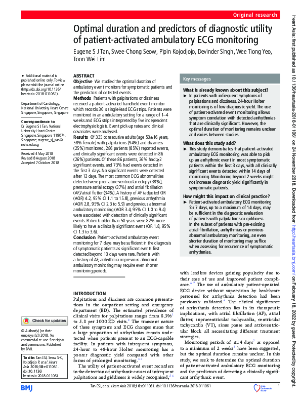 Pdf Optimal Duration And Predictors Of Diagnostic Utility Of Patient Activated Ambulatory Ecg