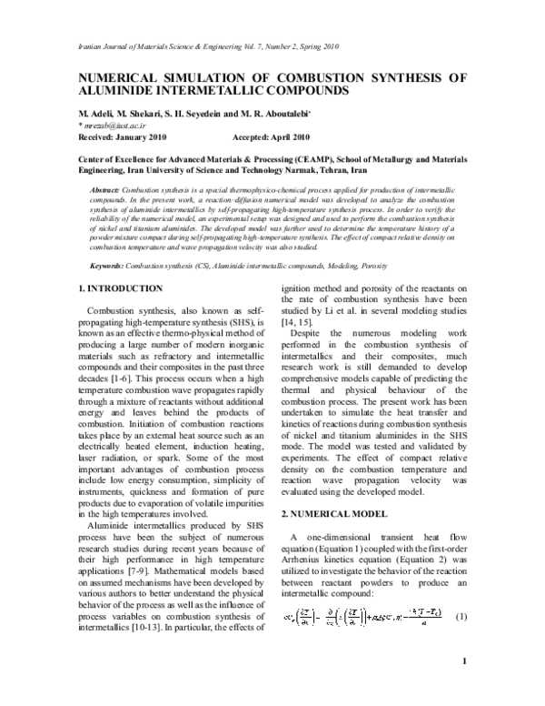 (PDF) Numerical Simulation of Combustion Synthesis of Aluminide Intermetallic Compounds