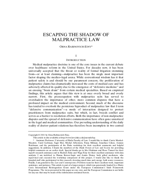 (PDF) Escaping the Shadow of Malpractice Law | Orna Rabinovich-Einy ...