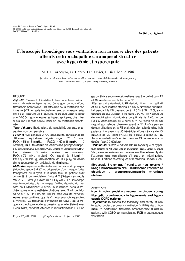 (PDF) Fibroscopie bronchique sous ventilation non invasive chez des ...