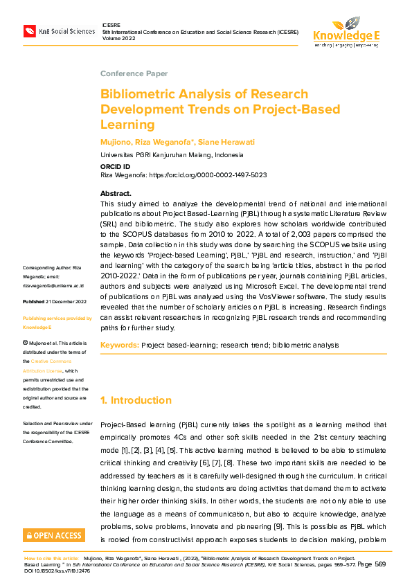 (PDF) Bibliometric Analysis of Research Development Trends on Project-Based Learning