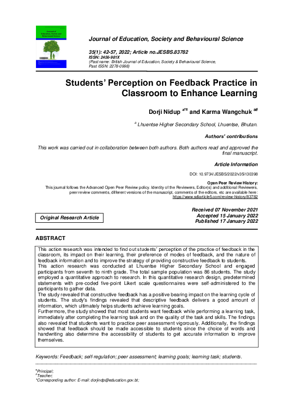 (PDF) Students’ Perception on Feedback Practice in Classroom to Enhance ...