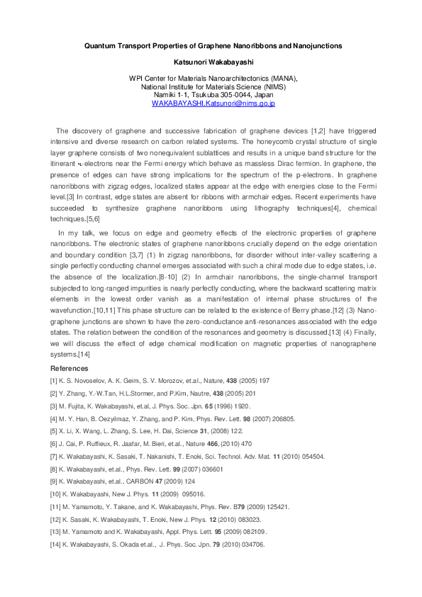 (PDF) Quantum Transport Properties of Graphene Nanoribbons and Nanojunctions
