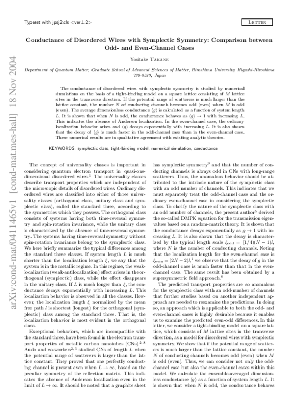 (PDF) Conductance of Disordered Wires with Symplectic Symmetry ... (PDF) Conductance of Disordered Wires with Symplectic Symmetry ...