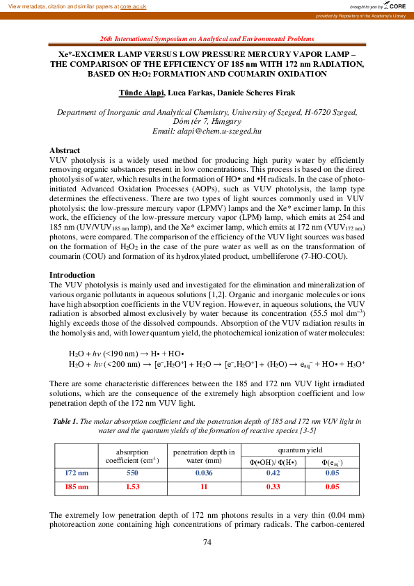 (PDF) Xe-excimer lamp versus mercury vapor lamp - the comparison of the ...