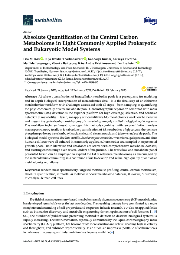 (PDF) Absolute Quantification of the Central Carbon Metabolome in Eight ...