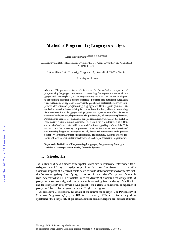 (PDF) Method of Programming Languages Analysis (PDF) Method of Programming Languages Analysis