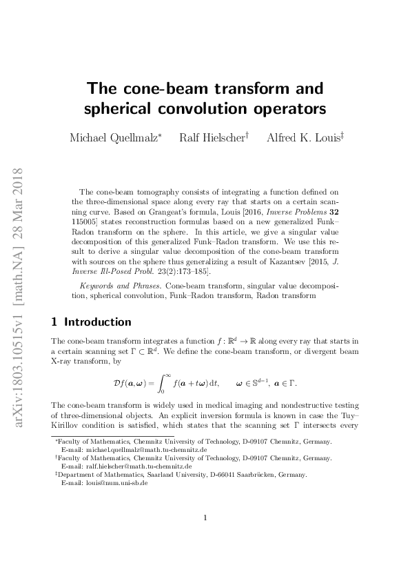 (PDF) The cone-beam transform and spherical convolution operators