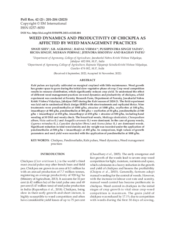 (PDF) Weed Dynamics and Productivity of Chickpea as Affected by Weed ...