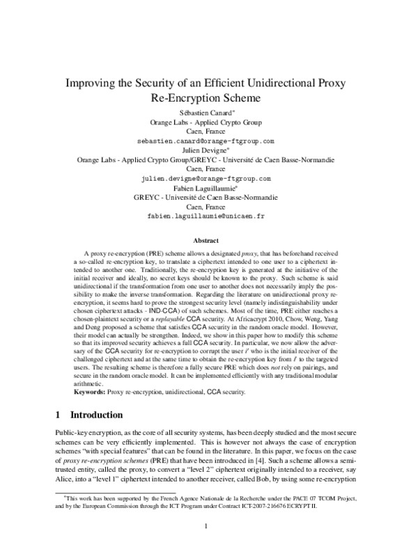 (PDF) Improving the Security of an Efficient Unidirectional Proxy Re-Encryption Scheme