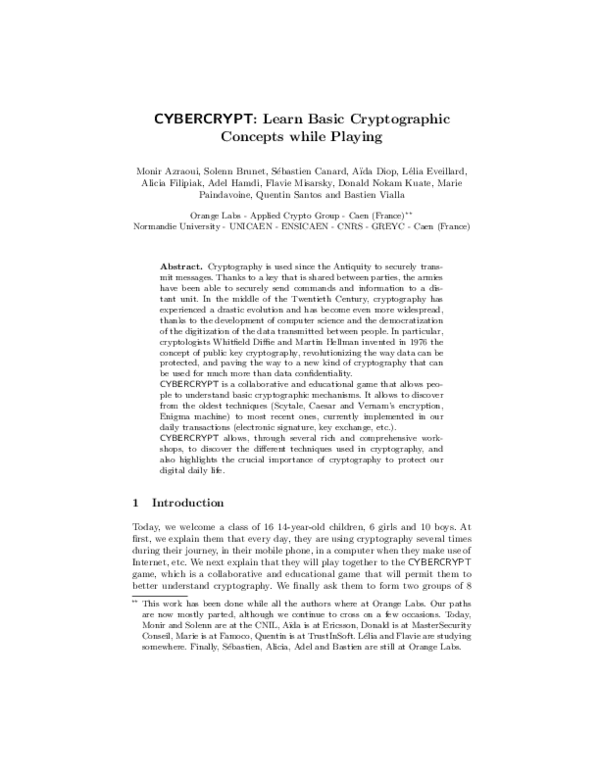 (PDF) CYBERCRYPT: Learn Basic Cryptographic Concepts while Playing