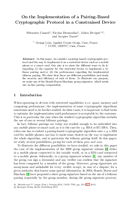 (PDF) On the Implementation of a Pairing-Based Cryptographic Protocol ...