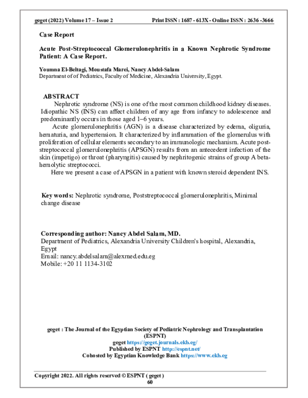 (PDF) Acute Post-Streptococcal Glomerulonephritis in a Known Nephrotic ...