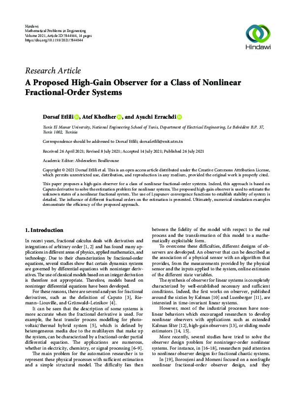 Pdf A Proposed High Gain Observer For A Class Of Nonlinear Fractional