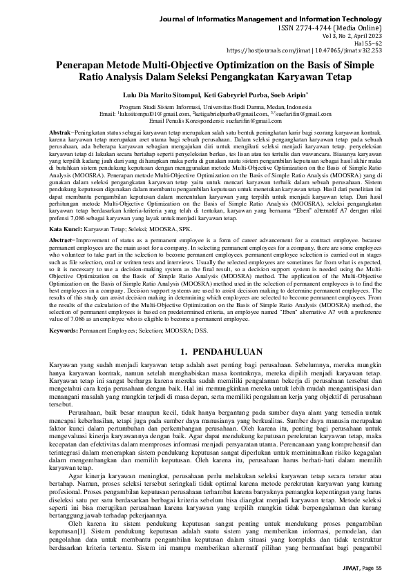 Pdf Penerapan Metode Multi Objective Optimization On The Basis Of Simple Ratio Analysis Dalam