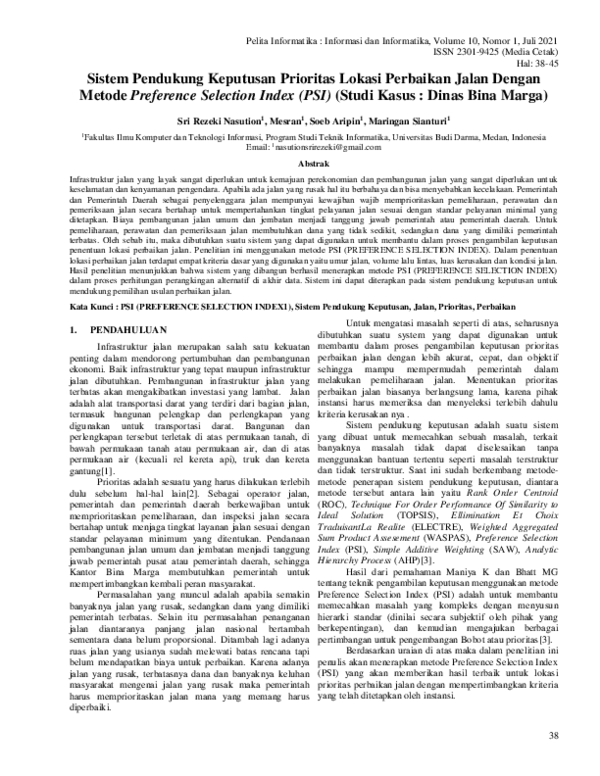 (PDF) Sistem Pendukung Keputusan Prioritas Lokasi Perbaikan Jalan ...