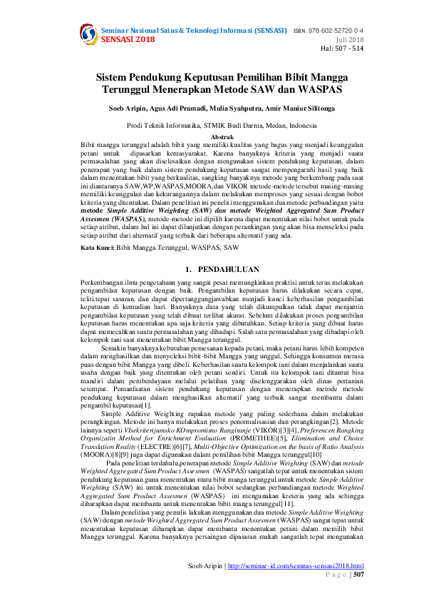 (PDF) Sistem Pendukung Keputusan Pemilihan Bibit Mangga Terunggul Menerapkan Metode SAW dan WASPAS