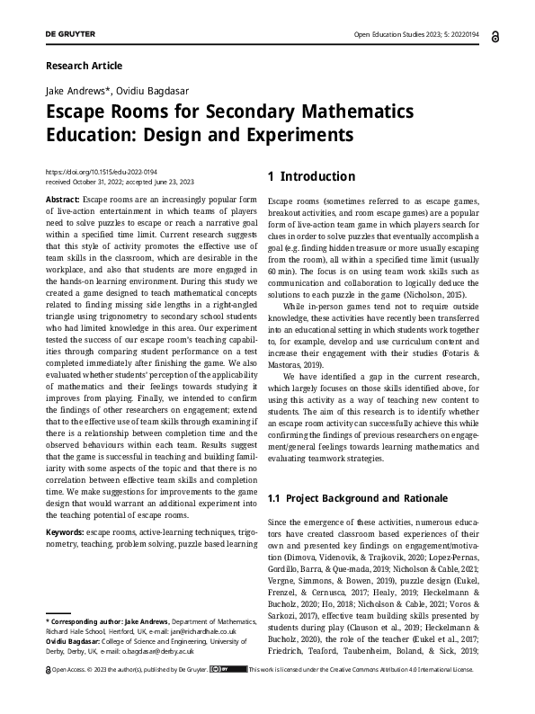 (PDF) Escape Rooms for Secondary Mathematics Education: Design and ...