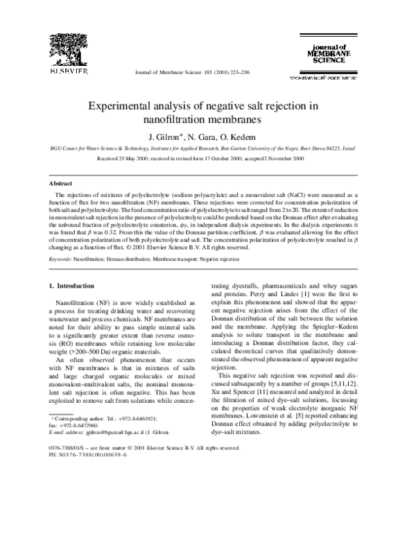 (PDF) Experimental analysis of negative salt rejection in nanofiltration membranes