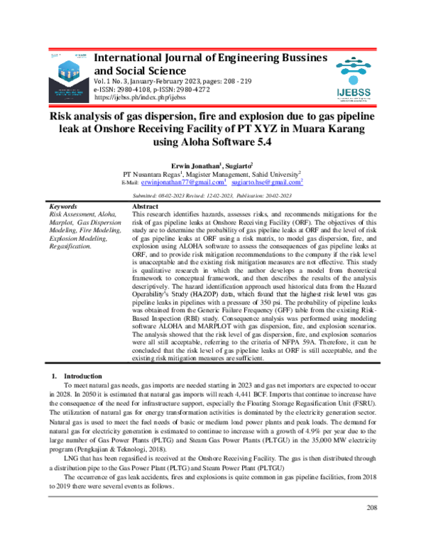 (PDF) Risk analysis of gas dispersion, fire and explosion due to gas ...