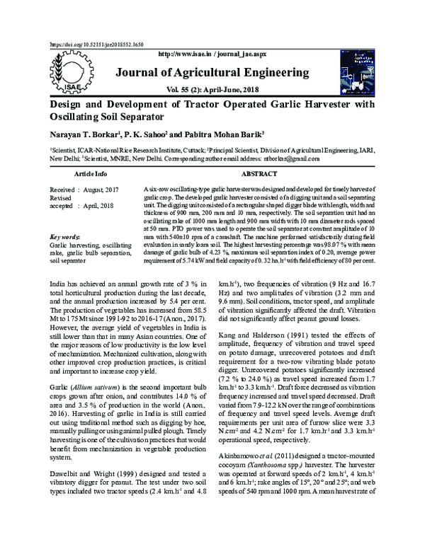(PDF) Design and Development of Tractor Operated Garlic Harvester with ...