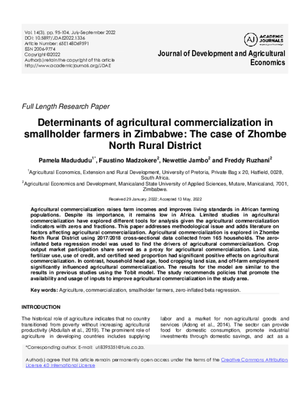 (PDF) Determinants of agricultural commercialization in smallholder ...