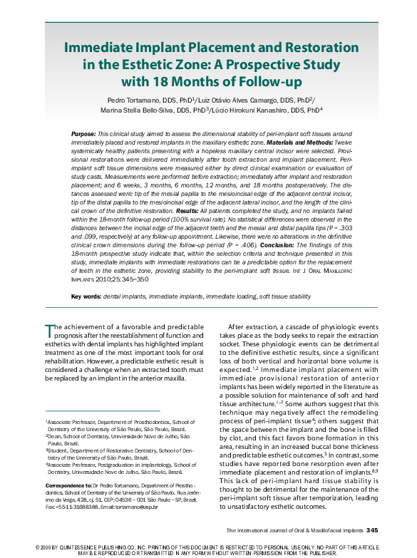 (PDF) Immediate implant placement and restoration in the anterior maxilla: Tissue dimensional ...